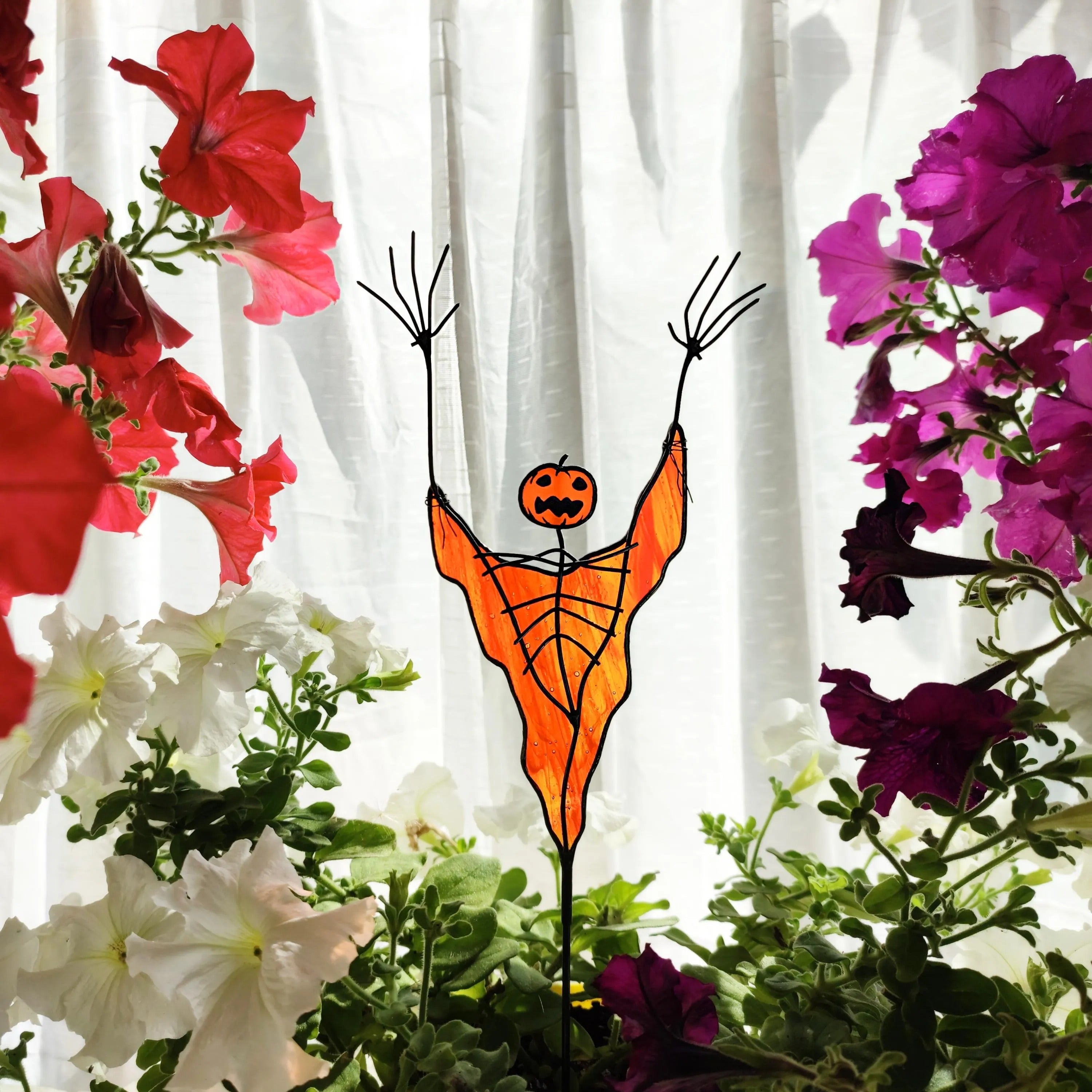 Stained Glass Scarecrow with Pumpkin Head Plant Stake Halloween Decor ...