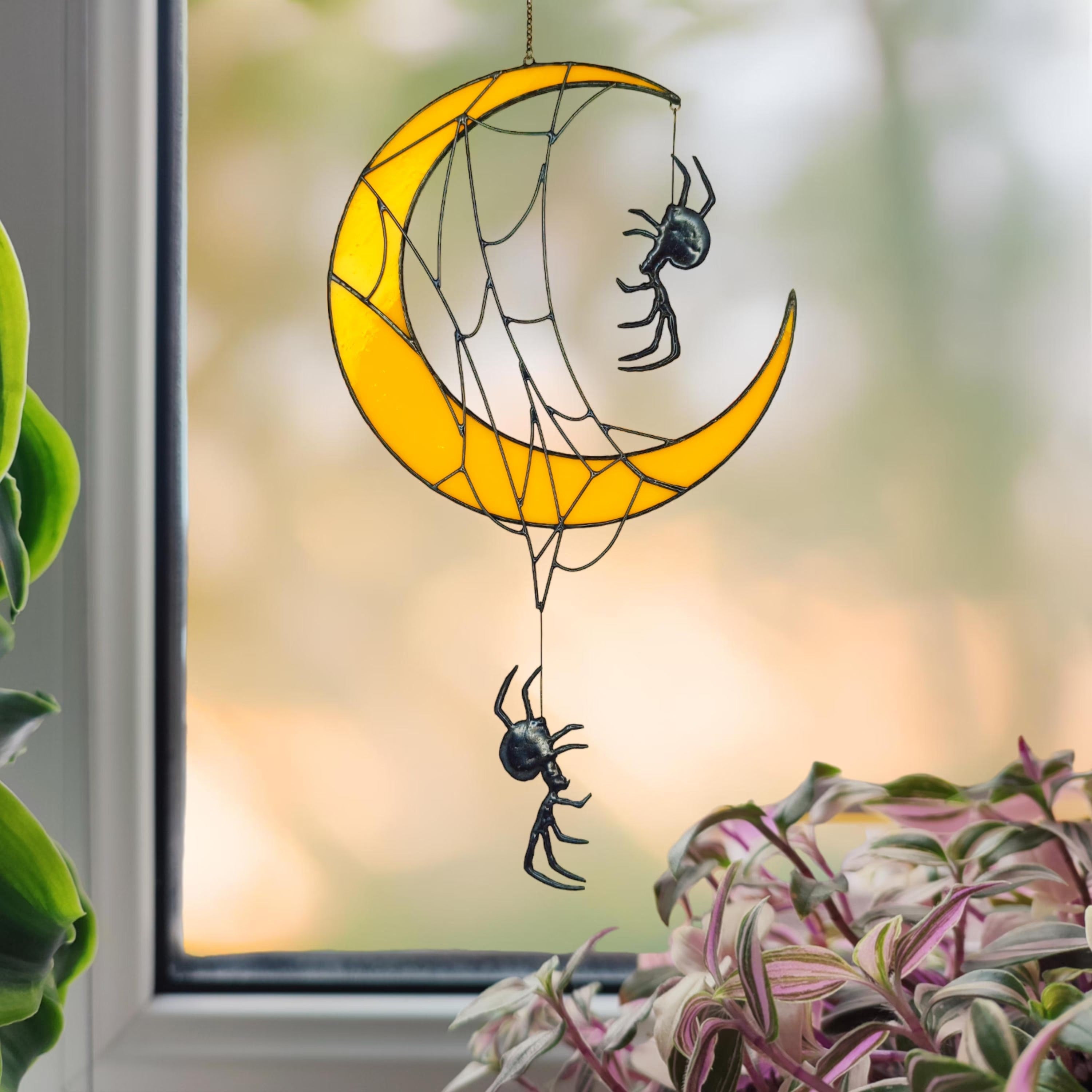 Crescent Moon Decor with Spiders. Unique Stained Glass Halloween Sunca ...